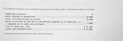 Solved The Lakeside Company Uses A Weighted Average Process