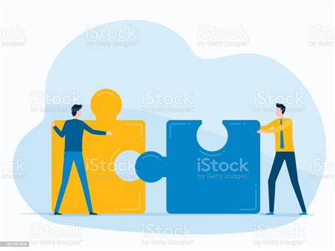 플랫 벡터 일러스트 두 비즈니스 팀 작업 협업 및 브레인 스토밍을 위한 회의 남자와 비즈니스 창조적 인 프로세스 개념은 퍼즐 퍼즐 조각을 개최 실톱에 대한 스톡 벡터 아트