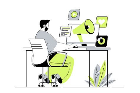 웹 사이트 디자인을위한 평면 만화 사람들과 디지털 마케팅 웹 개념 광고 콘텐츠를 만들고 게시물을 작성하고 프로모션 메시지를 보내고 새로운 고객을 유치하는 남자 벡터 일러스트