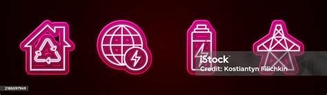 재활용 글로벌 에너지 파워 플래닛 배터리 및 전기 타워가 있는 에코 하우스를 설정합니다 빛나는 네온 아이콘입니다 벡터 Friendly Match에 대한 스톡 벡터 아트 및