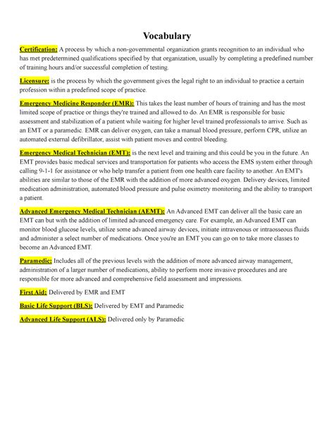 Basic Emt Notes Vocabulary Certification A Process By Which A Non Governmental Organization