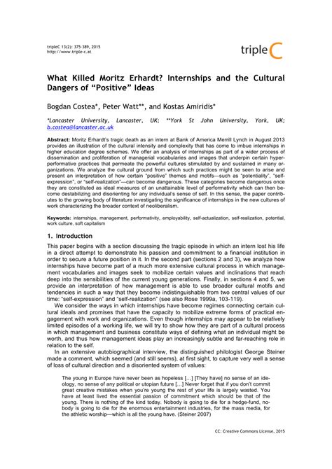Pdf What Killed Moritz Erhardt Internships And The Cultural Dangers