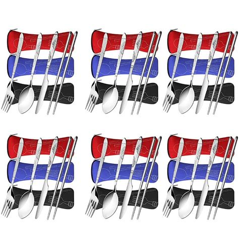 Arroyner 6팩 재사용 가능한 플랫웨어 세트 나이프 포크 스푼 젓가락 24피스 휴대용 여행용 스 티몬