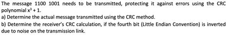 SOLVED The Message 1100 1001 Needs To Be Transmitted Protecting It Against Errors Using The