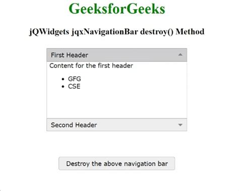 JQWidgets JqxNavigationBar Destroy Method GeeksforGeeks