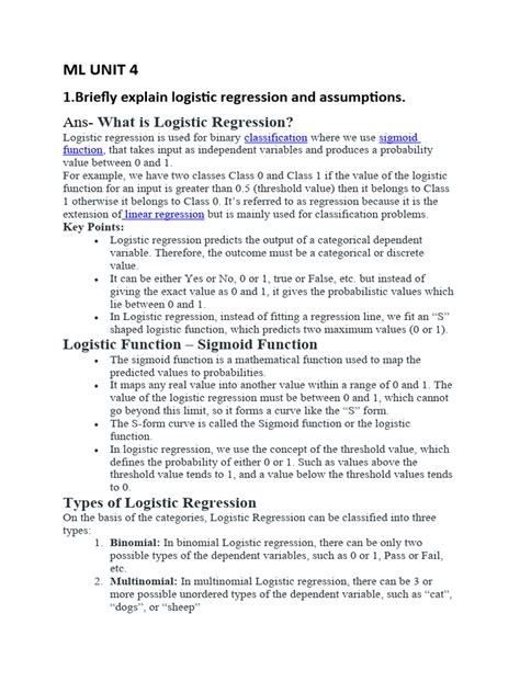 Ml Unit 4 Pdf Logistic Regression Regression Analysis