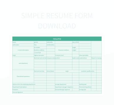 Simple Resume Form Download Excel Template And Google Sheets File For Free Download Slidesdocs