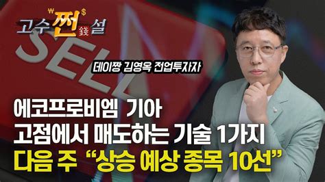 고수쩐설 고점에서 매도하는 기술 1가지 다음 주에 오를 것 같은 종목 10선 기아 에코프로비엠 데이짱 김영옥 전업투자자 Youtube