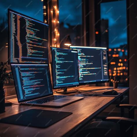 Programmer Desk Setup With Laptop And Multiple Computer Screens Displaying Source Code