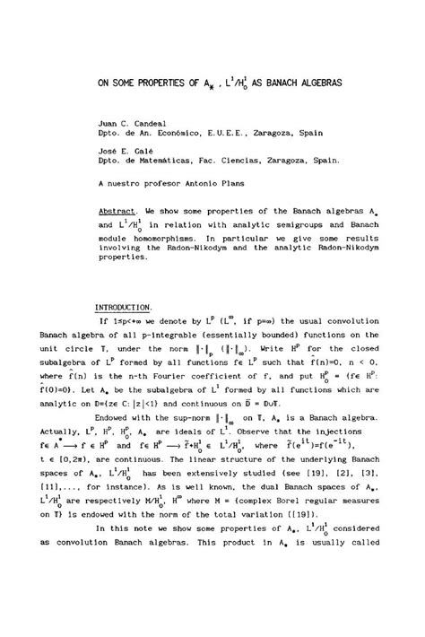 On Some Properties Of A L1h10 As Banach Algebras Chapter 13 Geometric Aspects Of Banach
