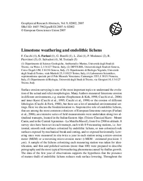 Pdf Limestone Weathering And Endolithic Lichens