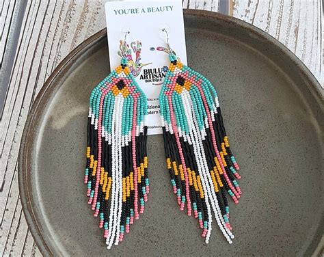 Turquoise Boho Earrings Native American Beaded Earrings Beaded Boho