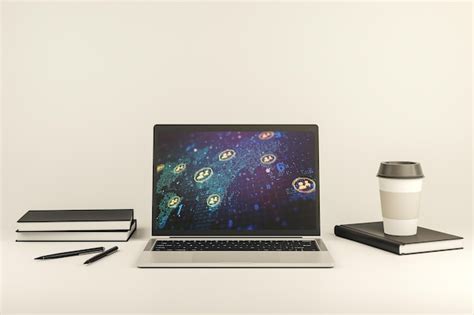 소셜 네트워크 아이콘 개념과 세계 지도 네트워킹 개념 3d 렌더링이 있는 현대적인 컴퓨터 화면 프리미엄 사진