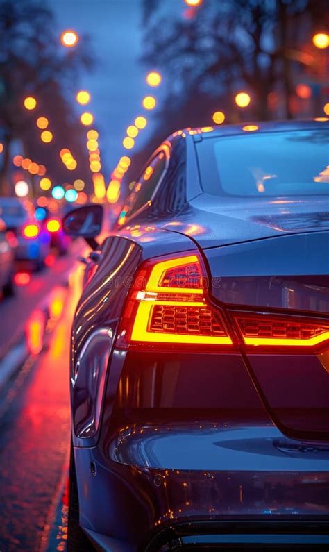 Rear View Of Modern Luxury Car On Night Road New Shiny Auto Vehicle In