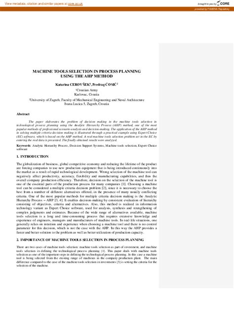 Pdf Machine Tools Selection In Process Planning Using The Ahp Method