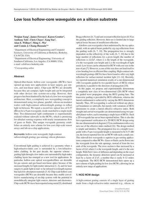 Pdf Low Loss Hollow Core Waveguide On A Silicon Substrate