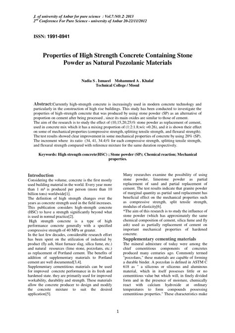 Pdf Properties Of High Strength Concrete Containing Stone Powder As Natural Pozzolanic Materials