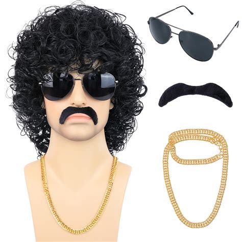 80s Short Black Curly Wig For Men With Mustache Glasses And Chain 70s