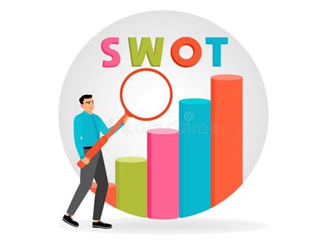 Businessman Using Magnifying Glass For Swot Analysis On Bar Graph Illustration Stock Vector