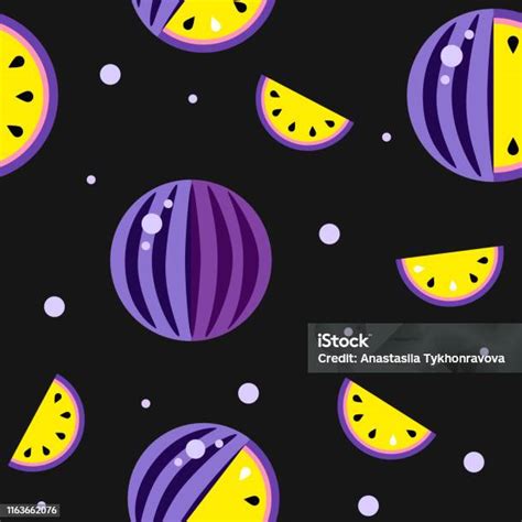 보라색 검은 색 노란색 신선한 멜론 배경입니다 원활한 패턴 수박 세트 벽지 벡터입니다 티셔츠 프린트에 적합합니다 손으로 그린 겹치는 배경 장식 여름 과일 질감 그림 0명에