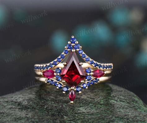 Kite Cut Red Ruby Engagement Ring Solid 14k Yellow Gold 6 Prong Blue Sapphire Ring Gemstone