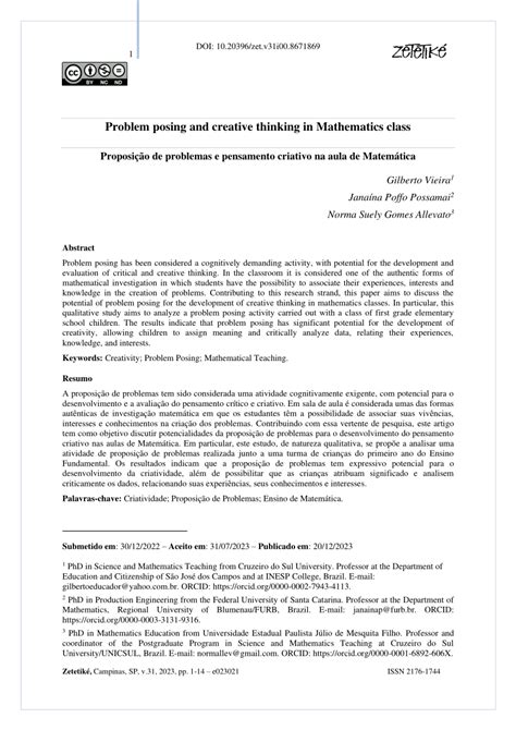 Pdf Problem Posing And Creative Thinking In Mathematics Class