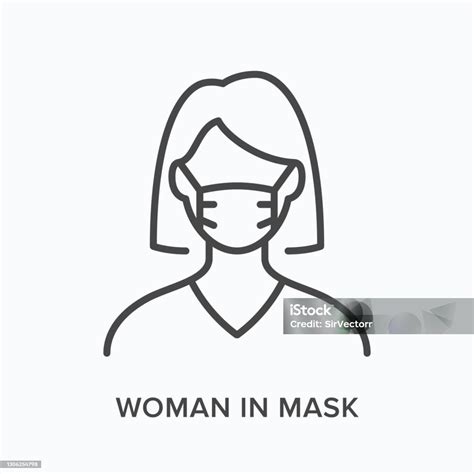 마스크 플랫 라인 아이콘에 여자 여성의 벡터 윤곽선 그림입니다 블랙 씬 선형 픽토그램 젊은 사람 보호 마스크에 대한 스톡 벡터 아트 및 기타 이미지 Istock
