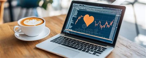 Laptop Displaying Stock Market Graphs Sits On Wooden Table Next To Cup