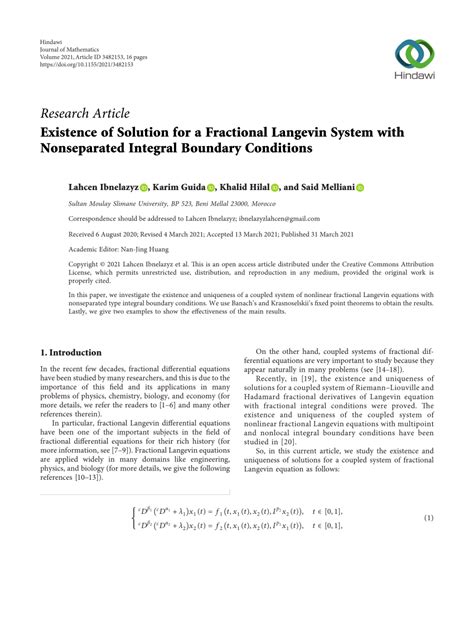 Pdf Existence Of Solution For A Fractional Langevin System With Nonseparated Integral Boundary