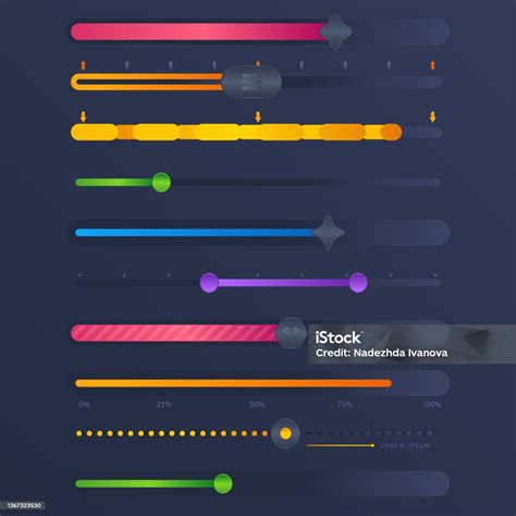 그라데이션 컬러 Ui 슬라이더 세트 벡터 일러스트레이션 개체 그룹에 대한 스톡 벡터 아트 및 기타 이미지 개체 그룹