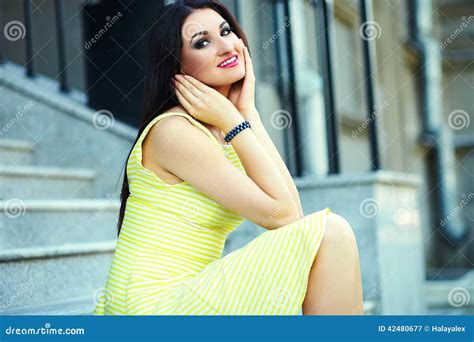 Stylish Woman Girl In Casual Yellow Dress Stock Image Image Of Face