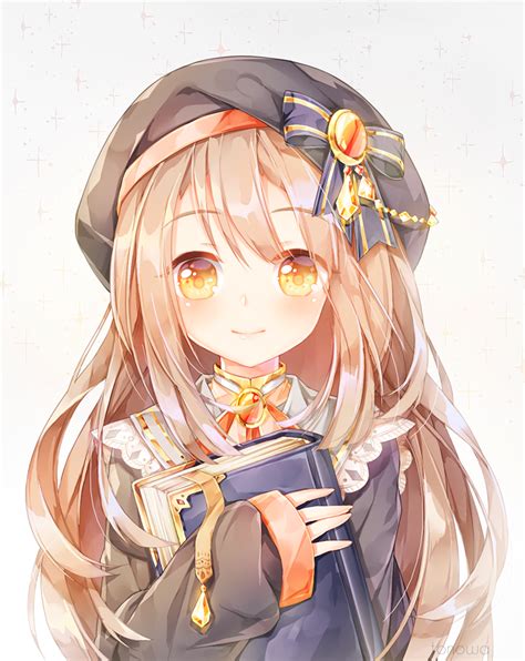 Safebooru Bangs Book Bow Brown Eyes Brown Hair Hat Holding Holding