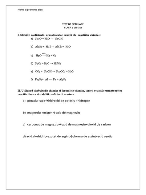 Test De Evaluare Ecuatii Chimice Cl A Viiia Pdf