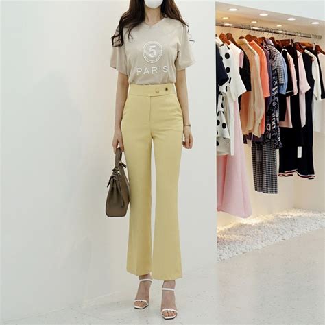 차르르 골드버튼 슬림 스판 부츠컷 슬랙스 팬츠 여름 정장바지 77가능 블랙 옐로우 2컬러