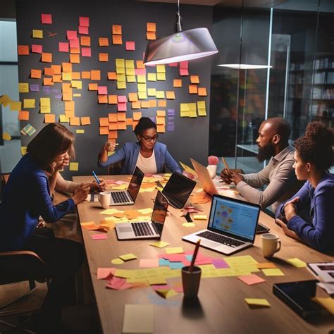 A Team Brainstorming Session With Sticky Notes And Laptops Creating Innovative Marketing