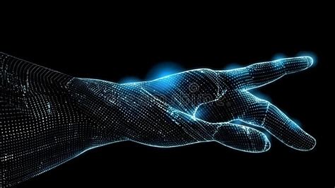 Human Hand Touching Hologram Screen With Finger With Glowing Polygonal Wireframe On Dark
