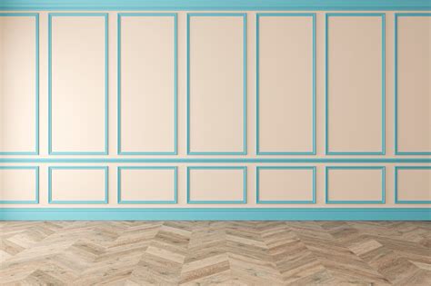 현대 클래식 베이 지 블루 파스텔 빈 내부 벽 패널 및 나무 바닥 3d 렌더링 그림 이랑입니다 0명에 대한 스톡 사진 및 기타 이미지 Istock