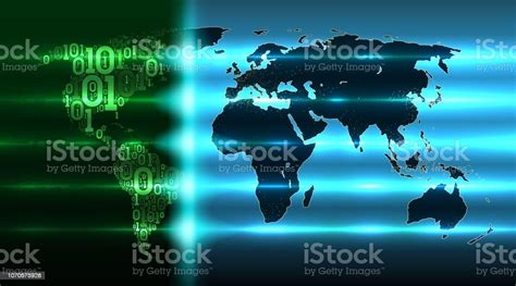World Map Of The Earth With Continents From A Binary Code With A Background Of Abstract Printed