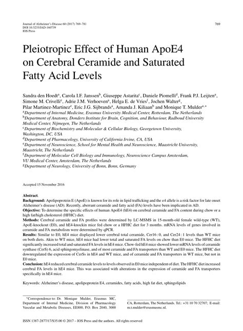 PDF Pleiotropic Effect Of Human ApoE4 On Cerebral Ceramide And