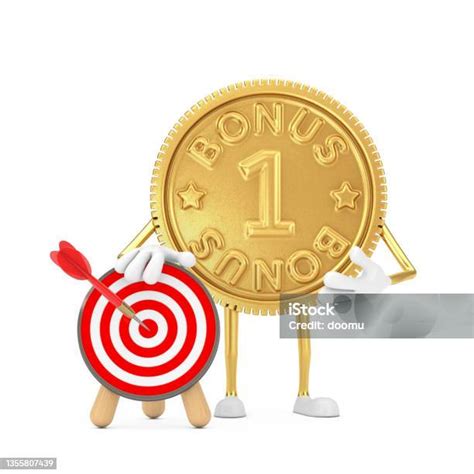 중앙에 양궁 대상과 다트와 골든 로열티 프로그램 보너스 동전 사람 캐릭터 마스코트 3d 렌더링 개념에 대한 스톡 사진 및 기타 이미지 Istock