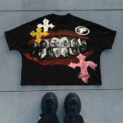 Vintage Saint Abstract Cross Lips Graphics Printed Cotton T Shirt