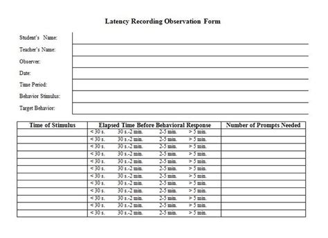 Latency Recording Observation Form Behavior Data Collection