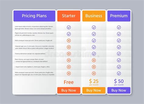 Price Table Comparison Template With 3 Columns Vector Illustration Stock Illustration