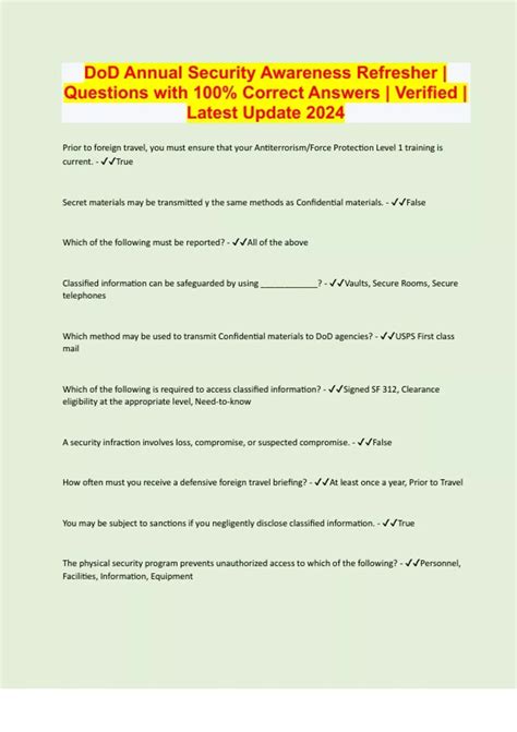 Dod Annual Security Awareness Refresher Questions With 100 Correct Answers Verified