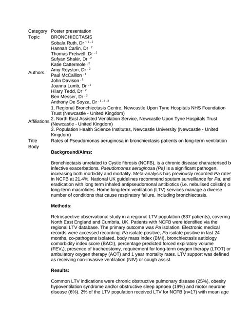 Pdf Rates Of Pseudomonas Aeruginosa In Bronchiectasis Patients On Long Term Ventilation