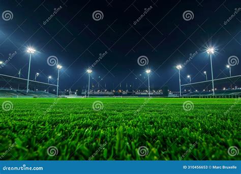 Empty Grass Field And Illuminated Outdoor Soccer Stadium Ai Generated Stock Illustration