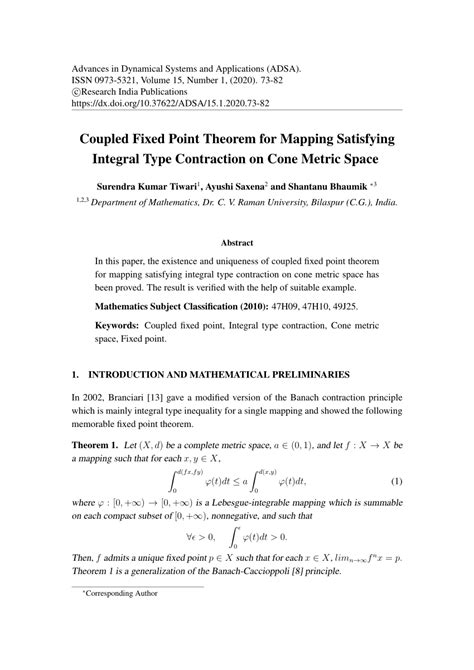 Pdf Coupled Fixed Point Theorem For Mapping Satisfying Integral Type