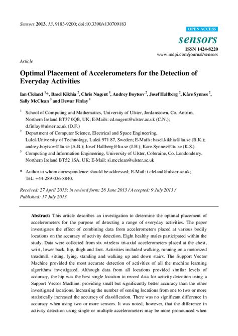 Pdf Optimal Placement Of Accelerometers For The Detection Of Everyday Activities