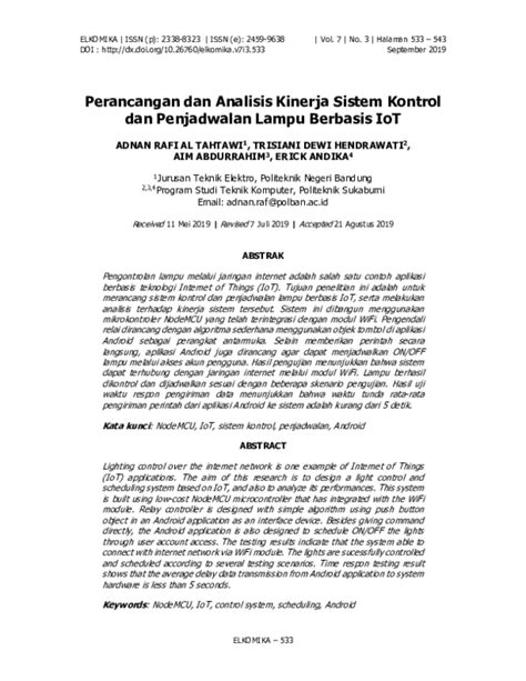 Pdf Perancangan Dan Analisis Kinerja Sistem Kontrol Dan Penjadwalan Lampu Berbasis Iot