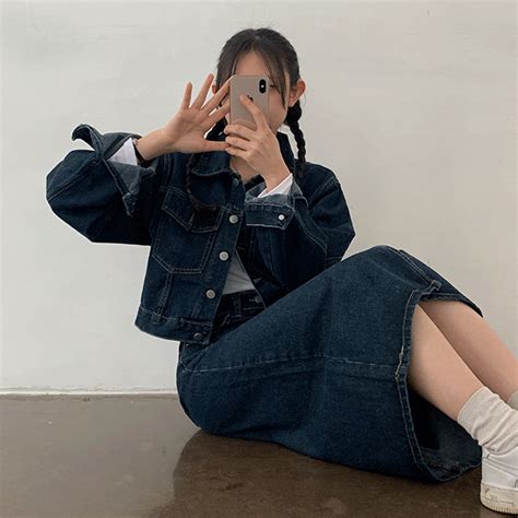 쿠리 루즈핏 크롭 청자켓 데님 롱 스커트 Set 봄신상투피스청치마청청패션캠퍼스룩봄코디